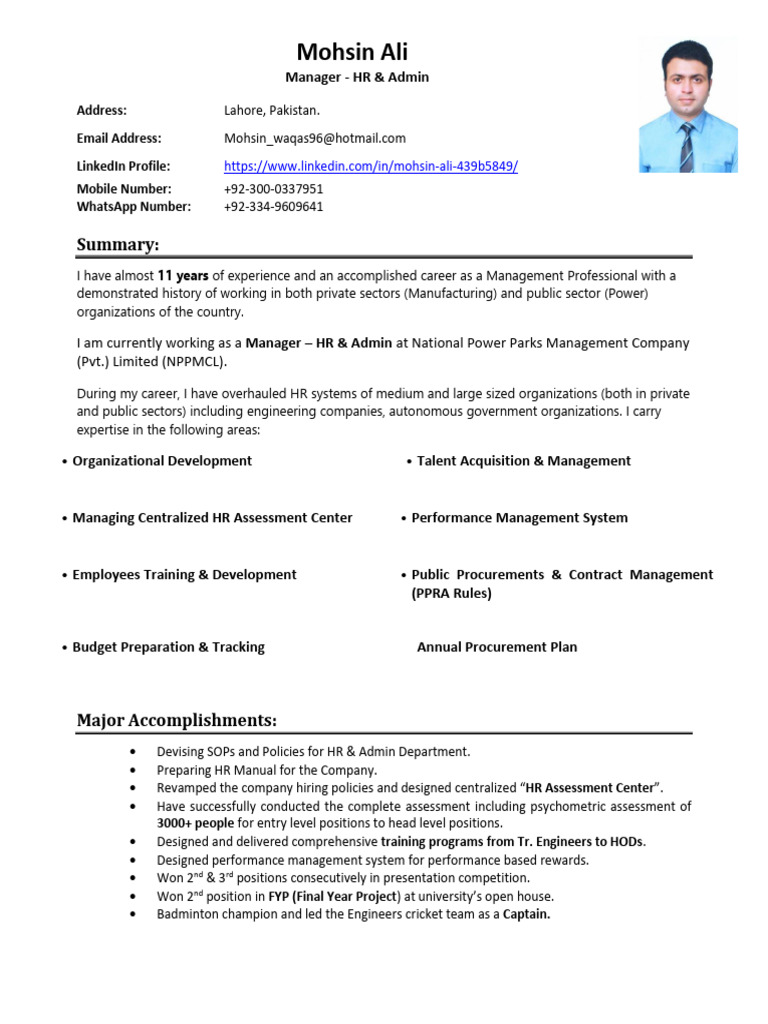Mohsin Ali CV - Manager HR & Admin | PDF | Recruitment | Human Resource ...