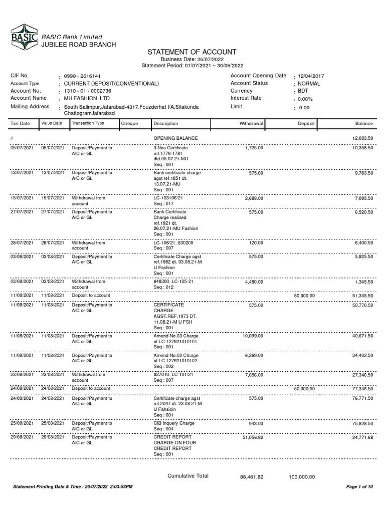 Account Statement Basic Bank (01.07.2021-30.06.2022) | PDF | Cheque ...