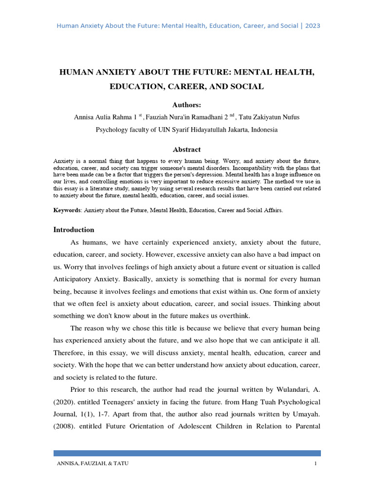 Human Anxiety About The Future: MENTAL HEALTH, EDUCATION, CAREER, AND ...