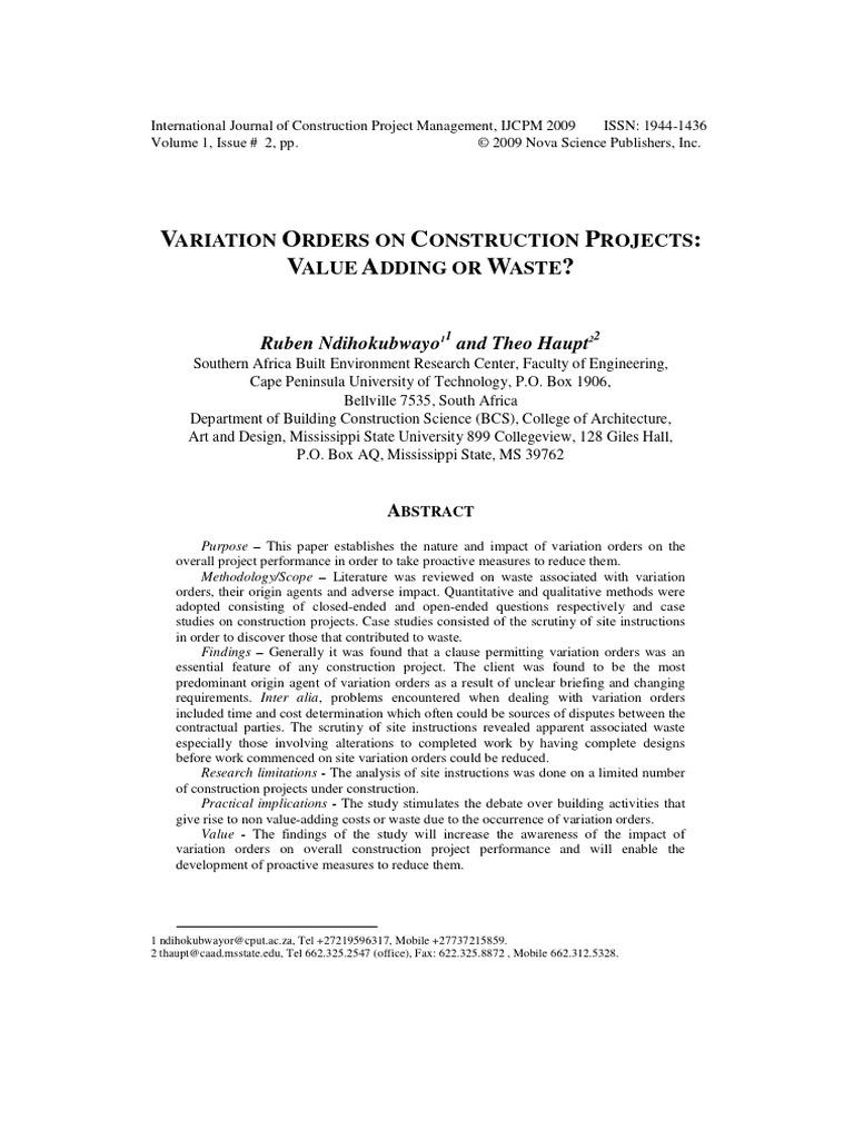 VARIATION ORDERS ON CONSTRUCTION PROJECTS - VALUE ADDING OR WASTE | PDF ...
