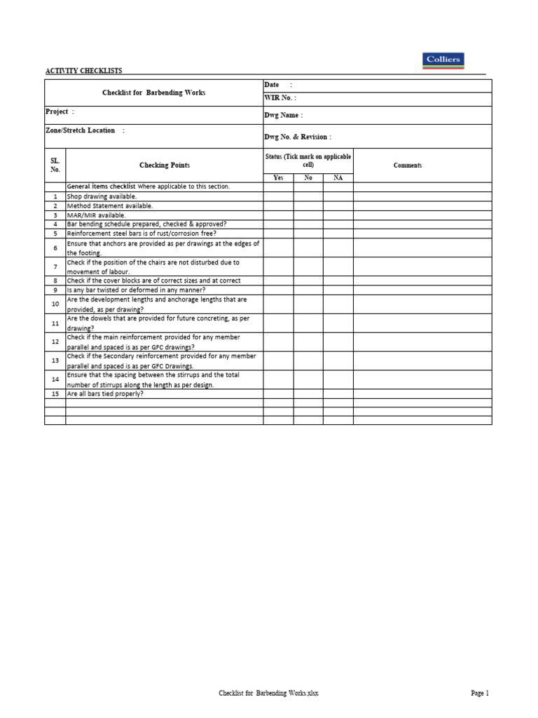 Checklist For Barbending Works | PDF