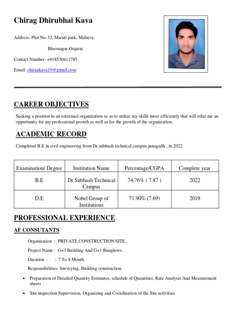 Chirag Dhirubhai Kava: Career Objectives | PDF