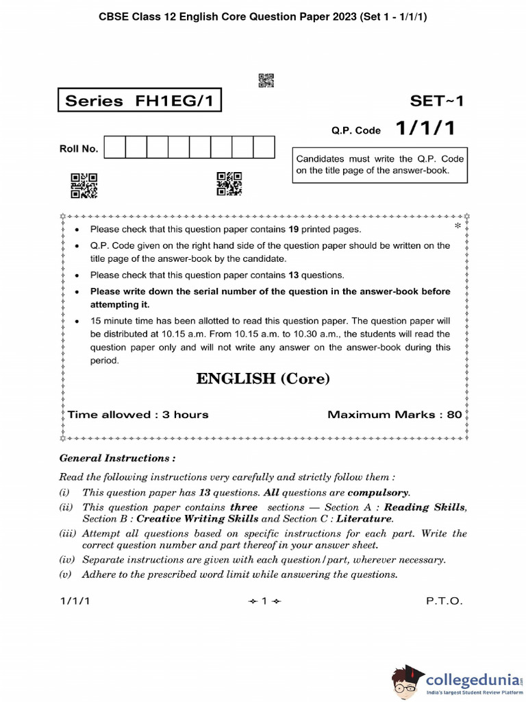 CBSE Class 12 English Core Question Paper 2023 Set 1 1 1 1 | PDF