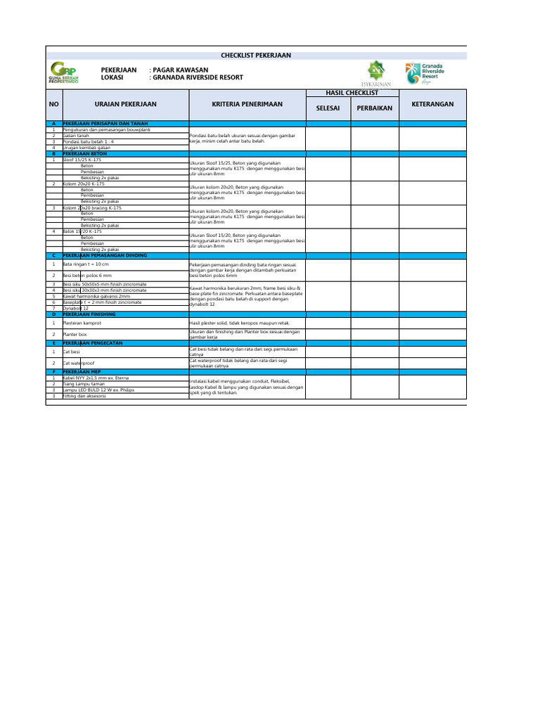 Exp Checklist Pekerjaan Pagar GRR-1 | PDF