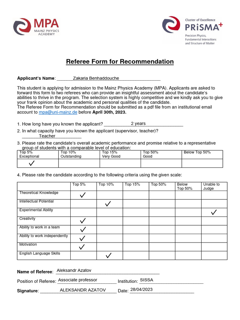 Referee Form MPA 2023 | PDF