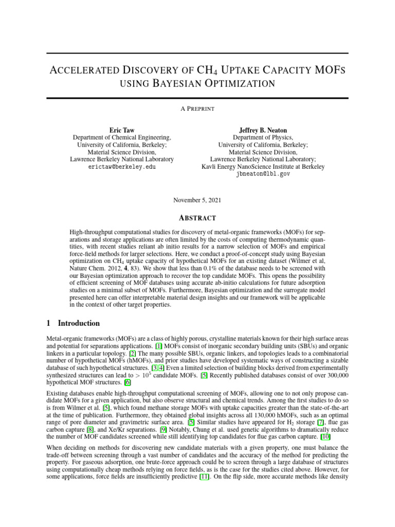 Accelerated Discovery of Ch4 Uptake Capacity Mo Fs Using Bayesian Optimization | PDF | Linear ...