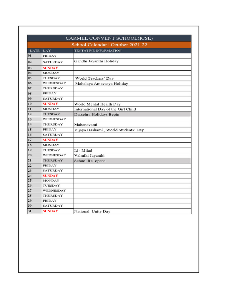 School Calendar October 2021 | PDF