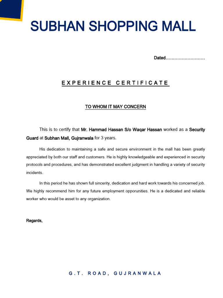Experience Letter Security Guard | PDF