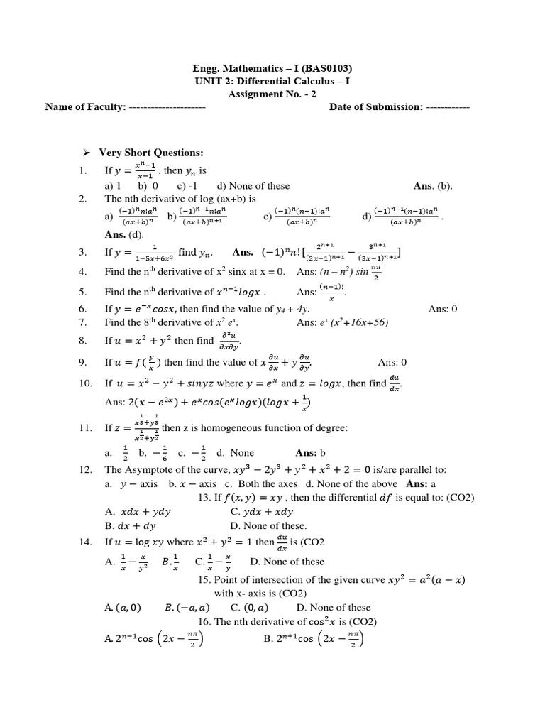 Engg Maths Assignment Unit 2 | PDF | Derivative | Asymptote Engg Maths Assignment Unit 2 | PDF | Derivative | Asymptote