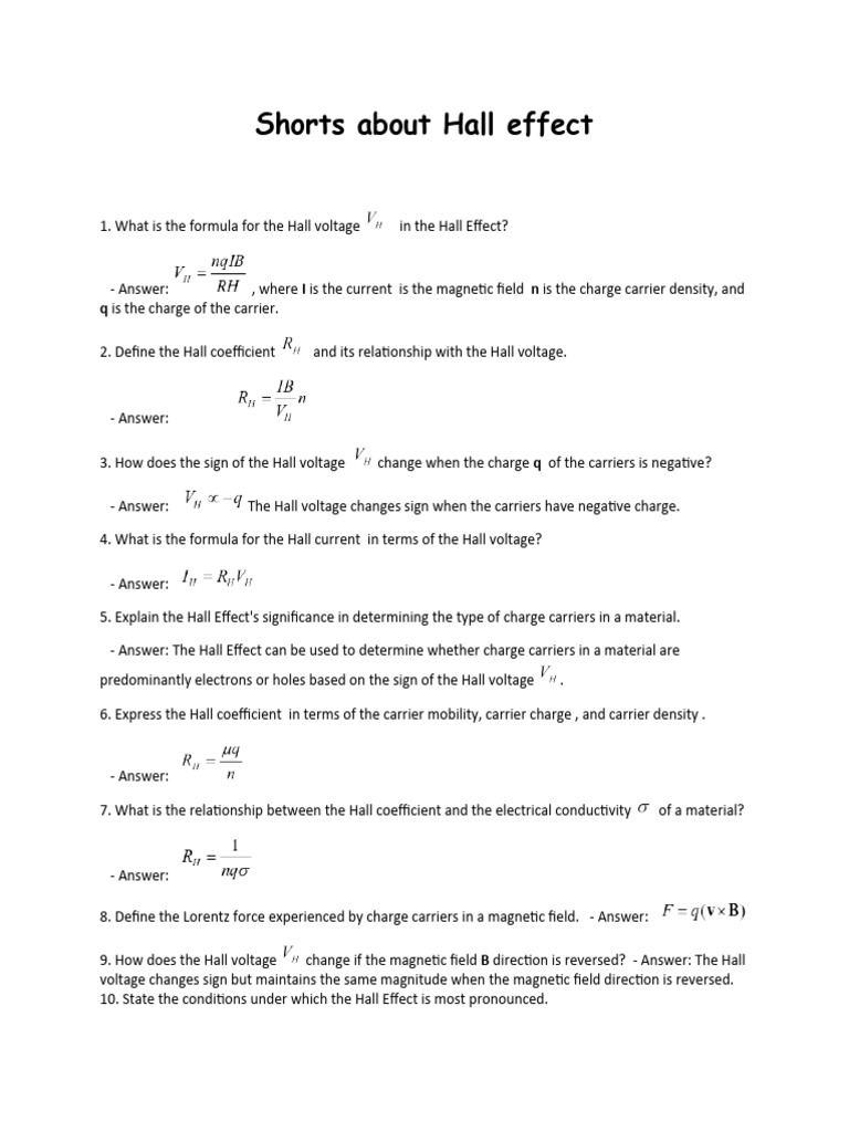 Hall Effect: Key Concepts and Formulas | PDF | Magnetic Field ...