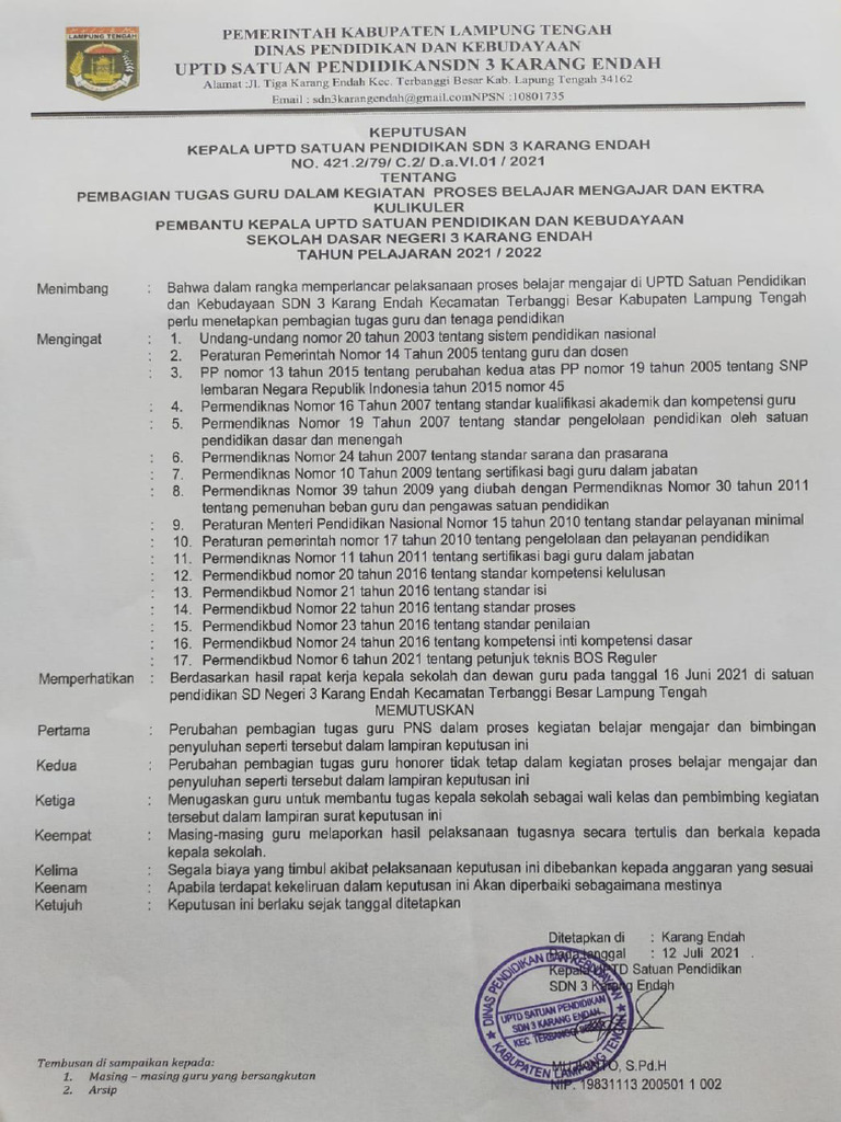 SK Pembagian Tugas 2021 | PDF