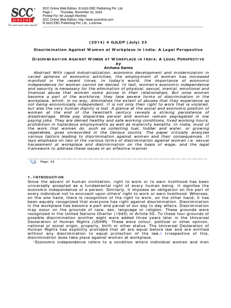 Discrimination Against Women at Workplace in India - A Legal ...
