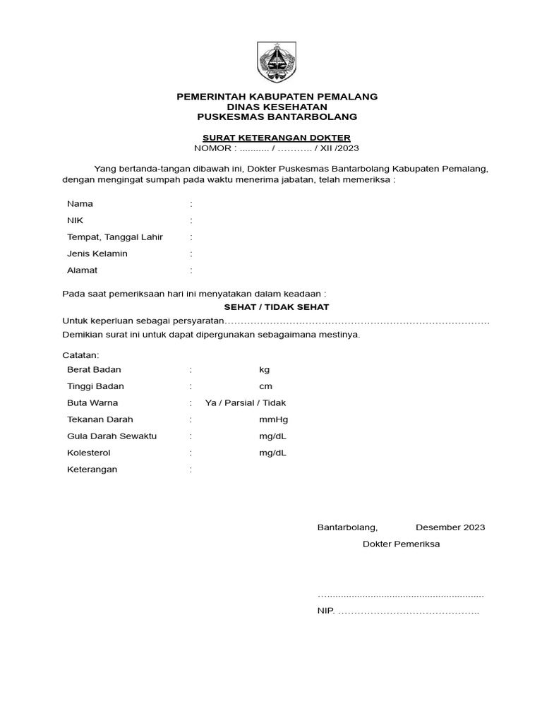 Form Surat Keterangan Dokter PKM Bantarbolang | PDF