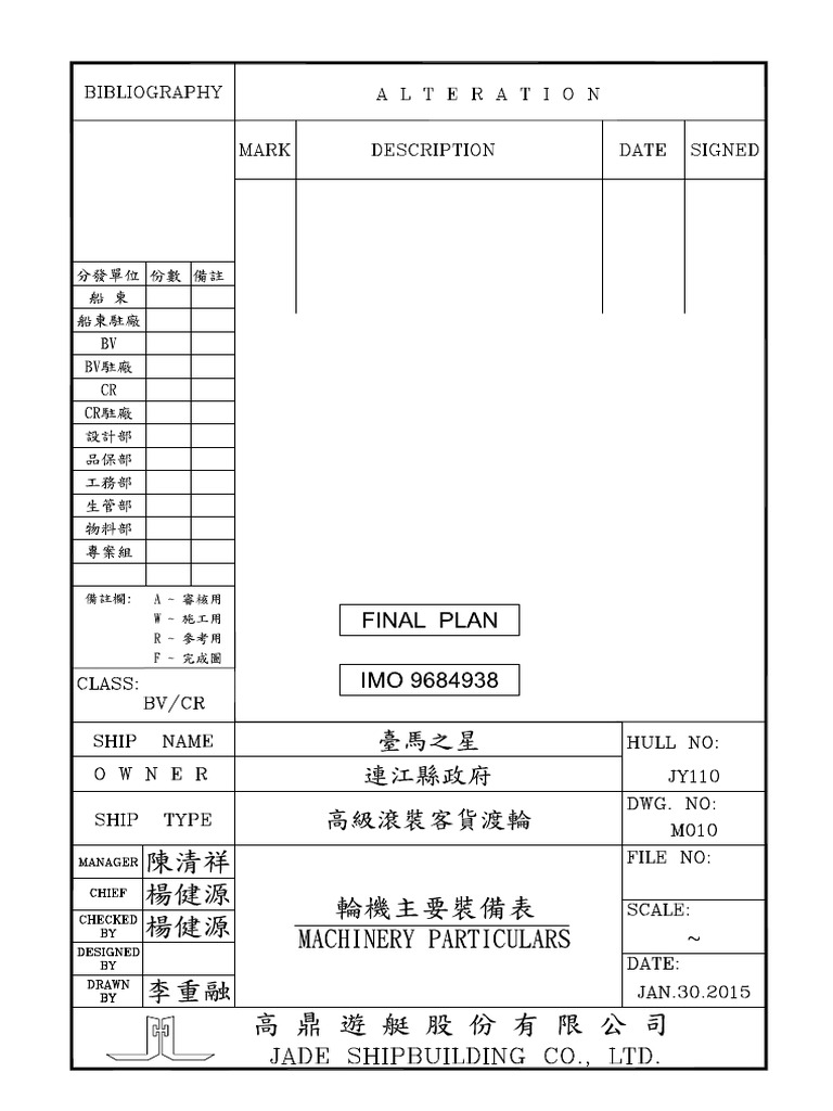 M010 輪機主要裝備表 MACHINERY PARTICULARS | PDF