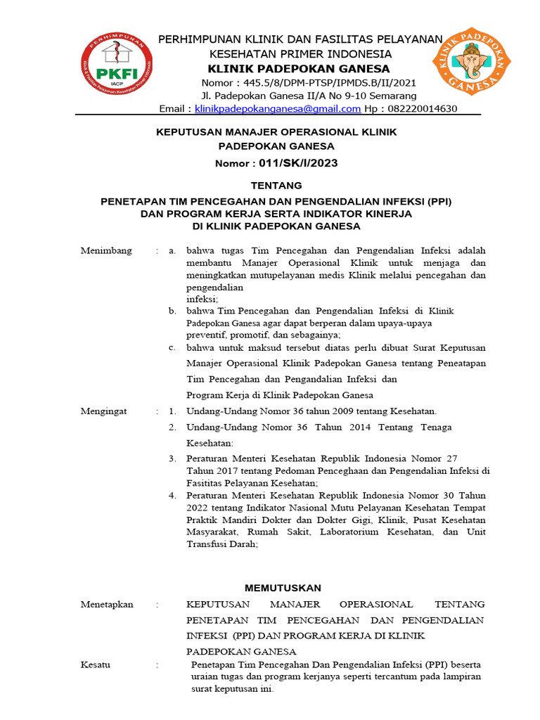 103-IV-2023 SK Penetapan Tim Dan Program Ppi Sera Indikator Kosong | PDF