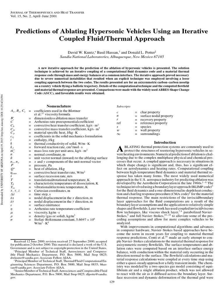 Predictions of Ablating Hypersonic Vehicles Using an Iterative Coupled Fluid Thermal Approach | PDF