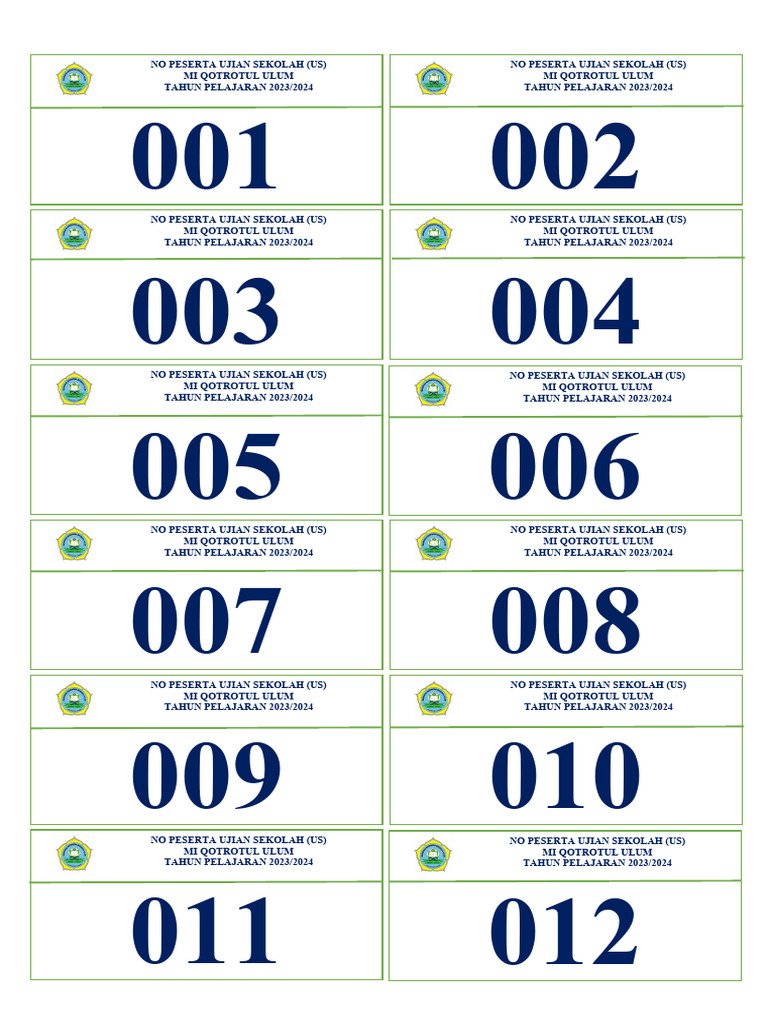 Nomor Meja Ujian Sekolah 2 | PDF