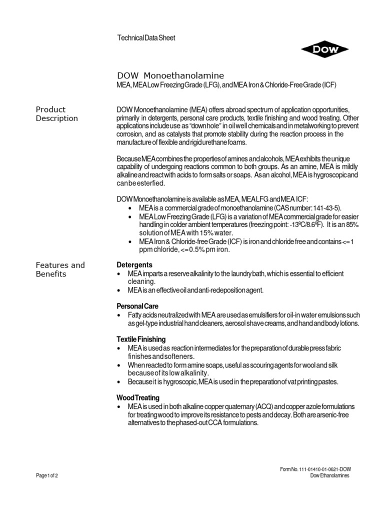 Dow Monoethanolamine Tds | PDF | Amine | Physical Sciences Dow Monoethanolamine Tds | PDF | Amine | Physical Sciences
