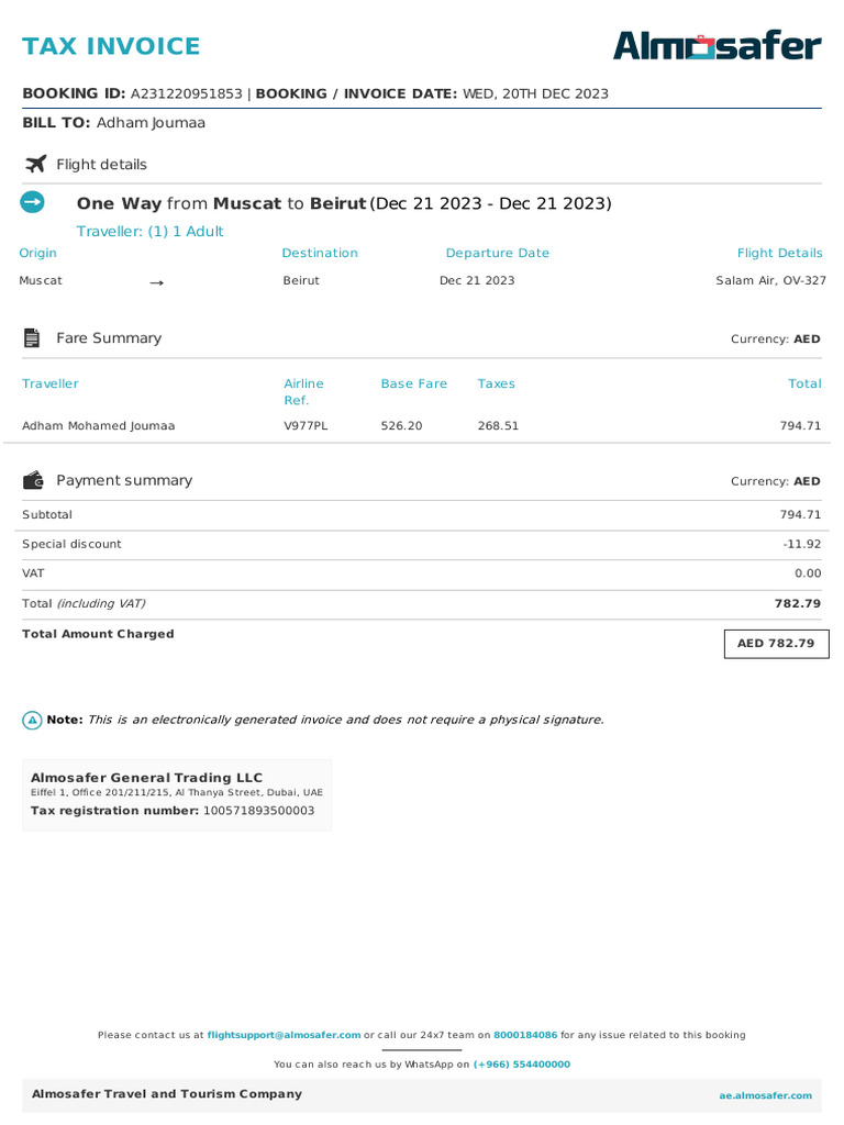 Flight Invoice A231220951853 | PDF | Market (Economics) | Business