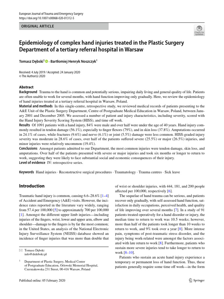 Epidemiology of Complex Hand Injuries Treated in T | PDF | Injury ...