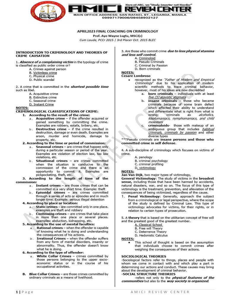CRIMI FC BY PROF. Lugtu Ans. Key 4 | PDF | Deviance (Sociology ...
