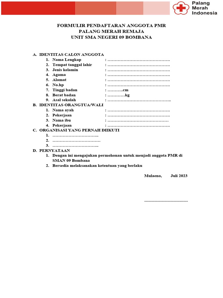 Formulir Pendaftaran Anggota PMR | PDF