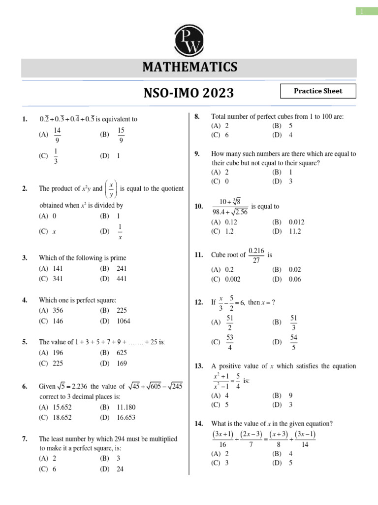 Complete NSO & IMO Maths (Part 1) - Practice Sheet Notes - (Only PDF | PDF