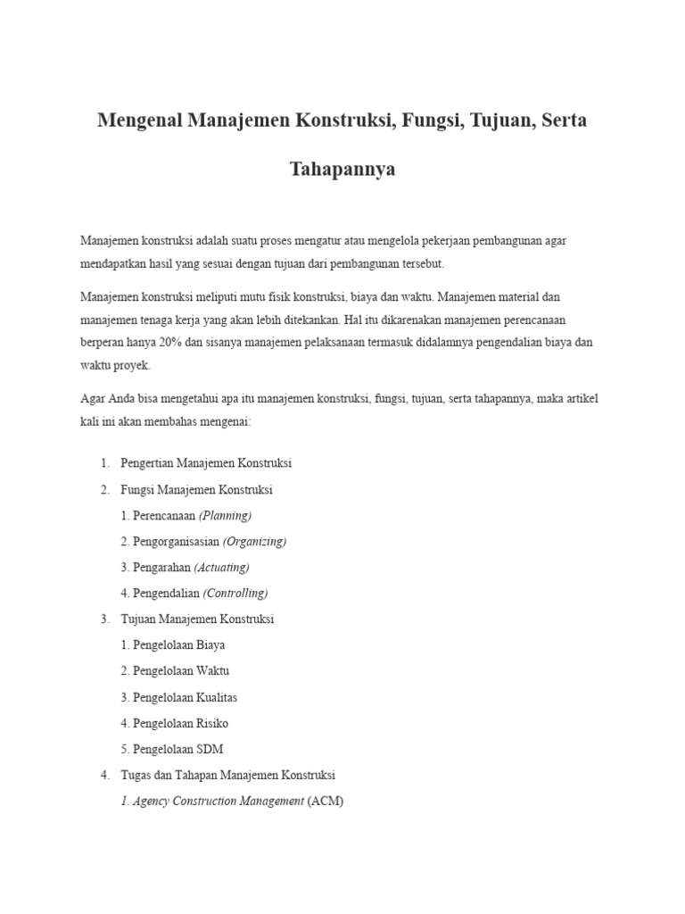 Mengenal Manajemen Konstruksi, Fungsi, Tujuan, Serta Tahapannya | PDF