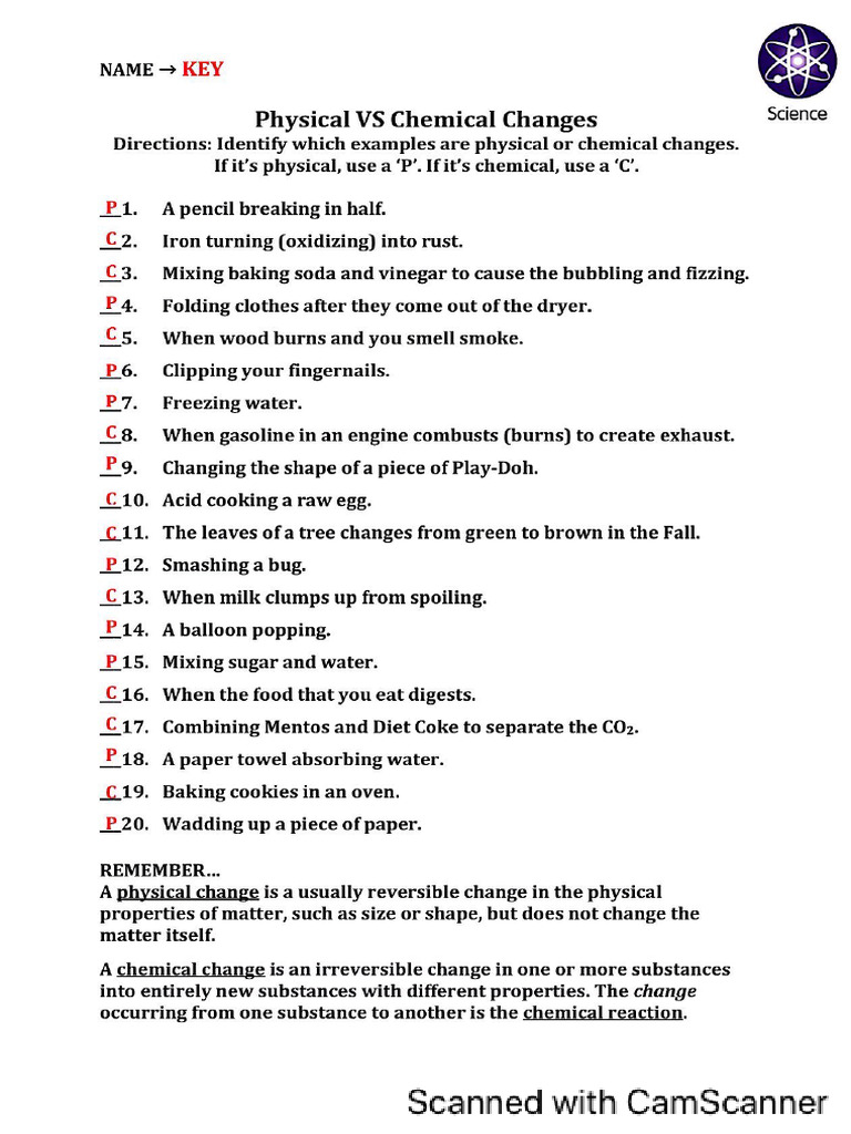 Chemical and Physical Change Worksheet Answer Key | PDF