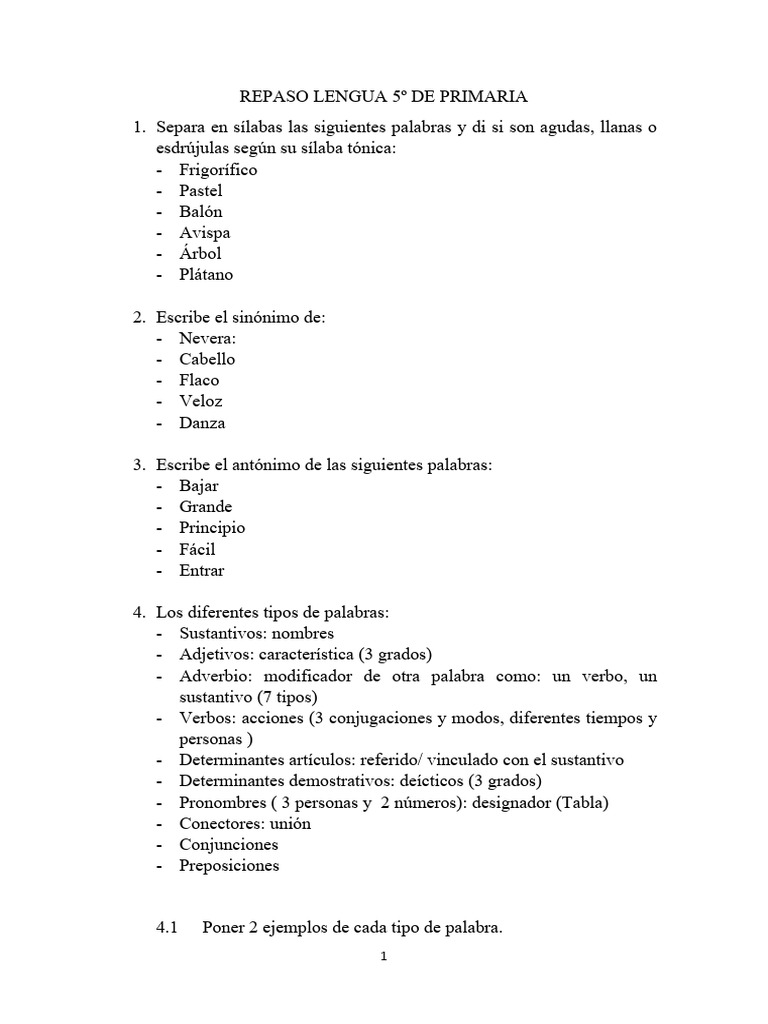Repaso Lengua 5º de Primaria | PDF | Palabra | Verbo