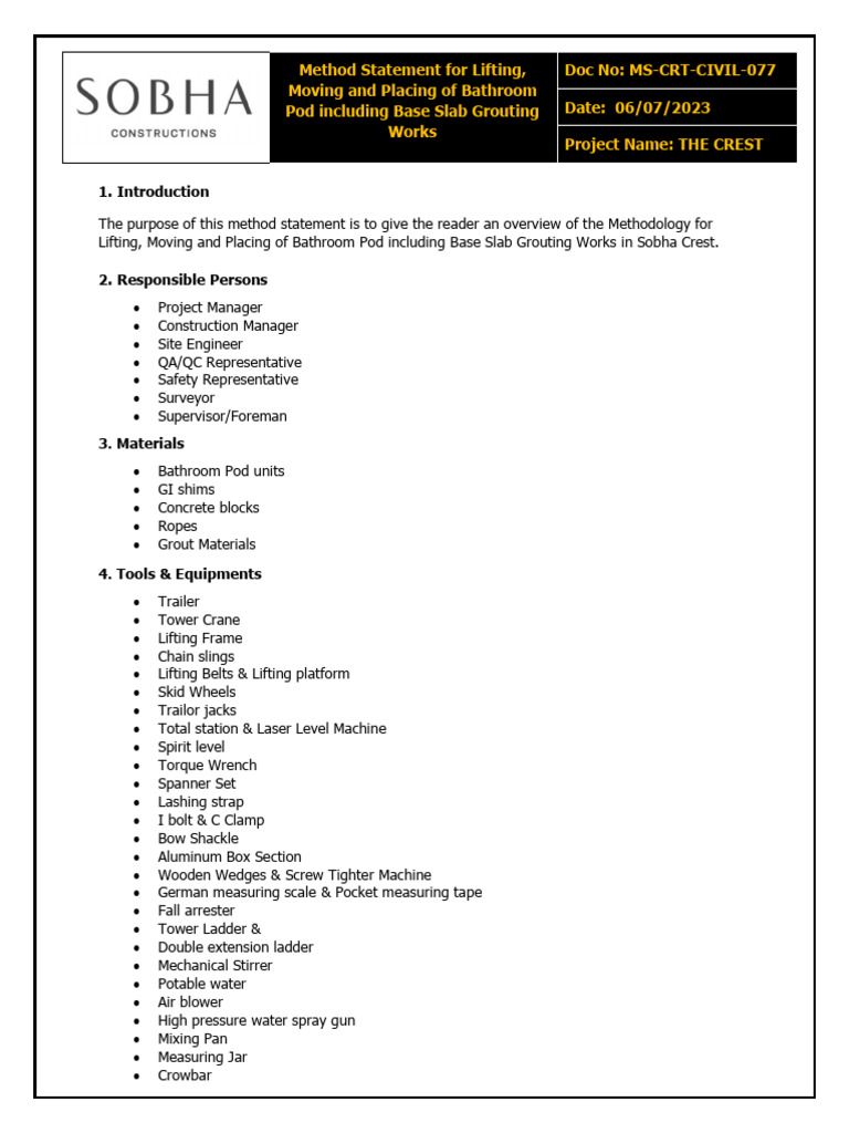 NF Comments-Method Statement For Lifting Moving and Placing of Bathroom Pod Including Base Slab ...