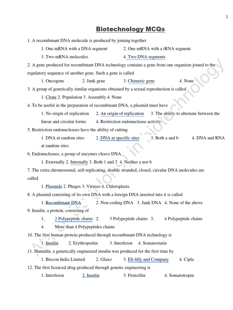 MCQS of Biotechnology | Download Free PDF | Plasmid | Restriction Enzyme
