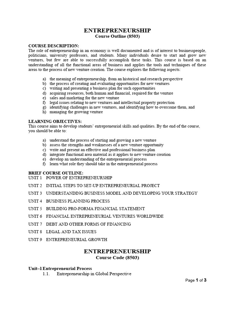 Entrepreneurship: Course Outline (8503) | PDF