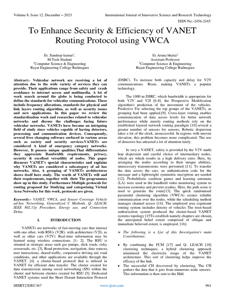 To Enhance Security And Efficiency Of Vanet Routing Protocol Using Vwca Pdf Computer Network