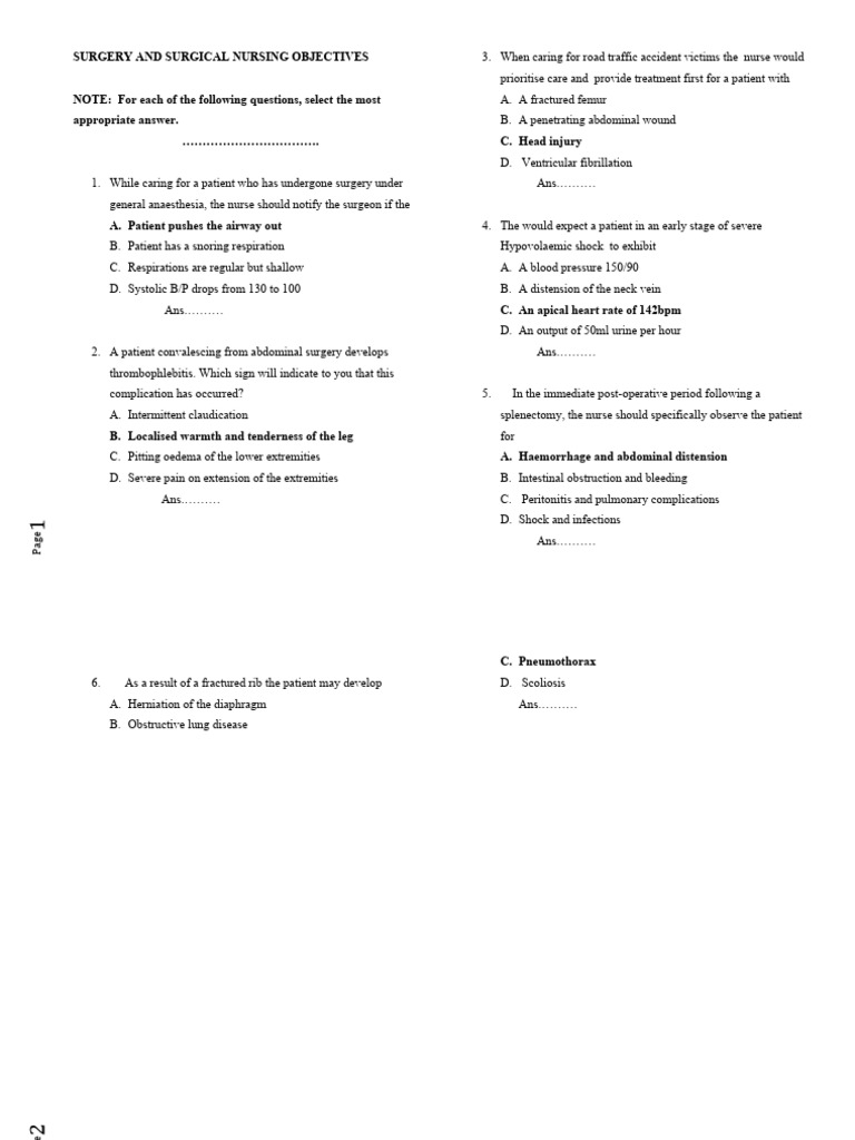 Surgery Surgical Nursing Objs With Ans | PDF | Surgery | Wound