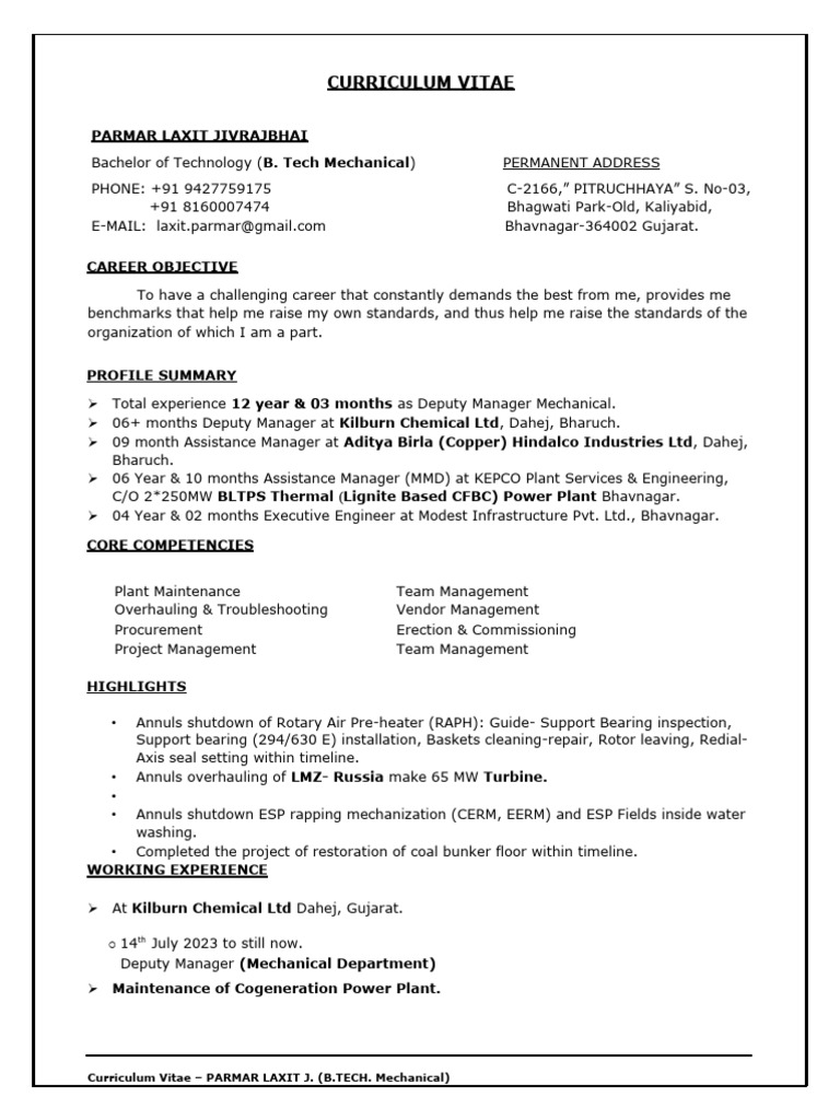 CV For Maintenance Mechanical Dy Manager | PDF