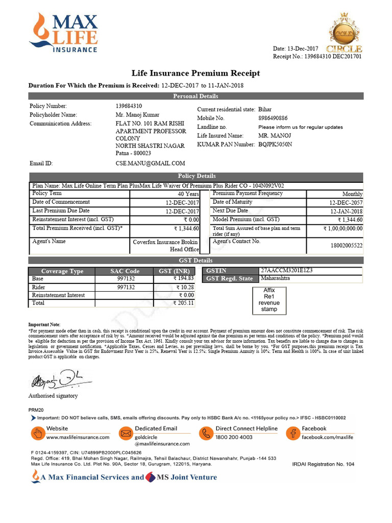 Life Insurance Premium Receipt | PDF