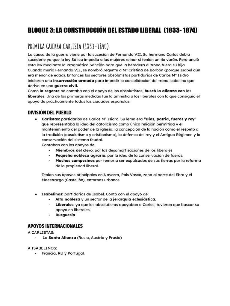 Bloque 3 - La Construcción Del Estado Liberal (1833 - 1874) | PDF | Política de españa ...