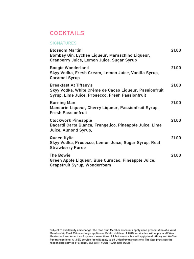Atrium Bar Menu and Pricing Details | PDF