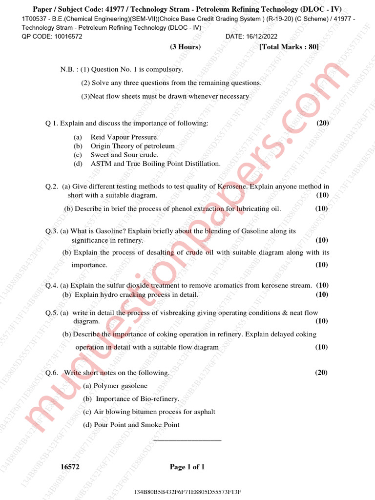 Be - Chemical Engineering - Semester 7 - 2022 - December - Dloc IV Petroleum Refining Technology ...