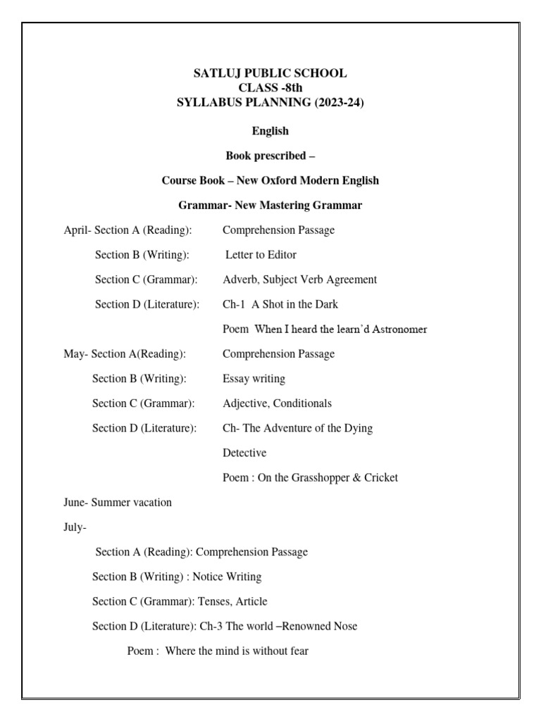 Satluj Public School CLASS - 8th SYLLABUS PLANNING (2023-24) | PDF