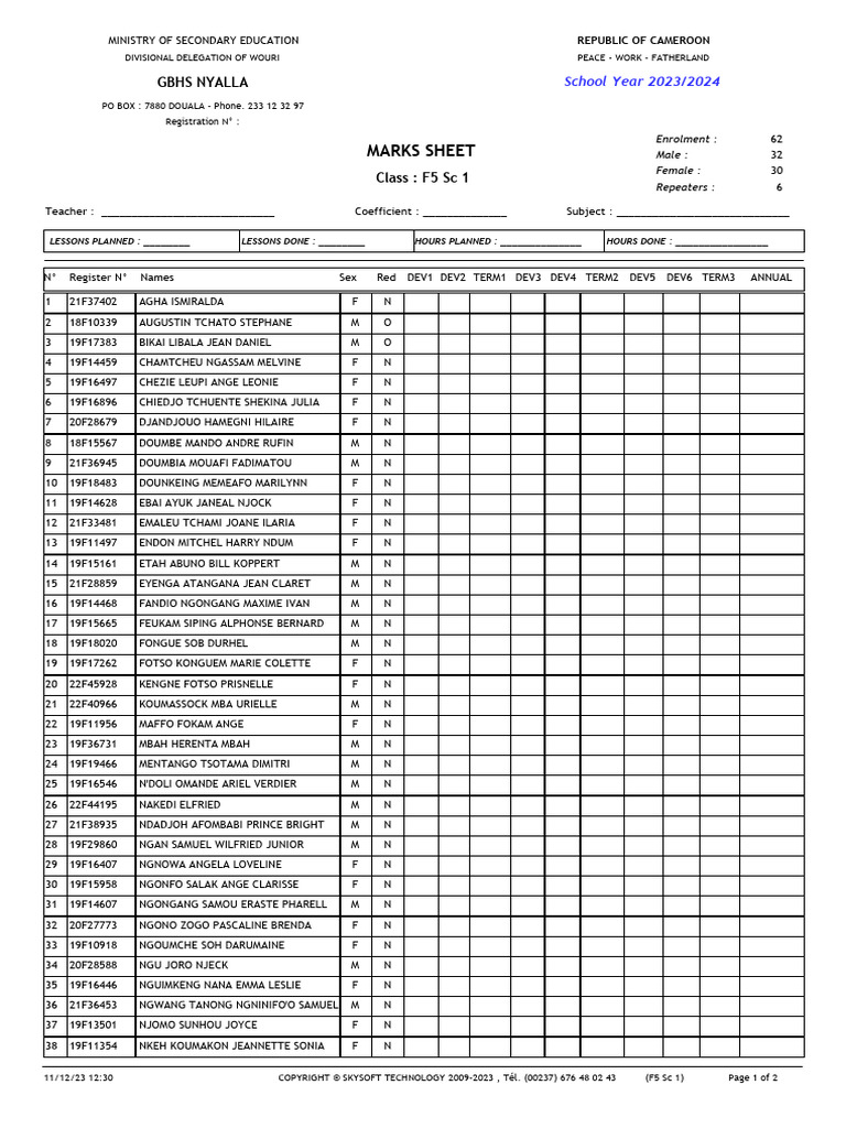 Marks Sheet: Gbhs Nyalla | PDF