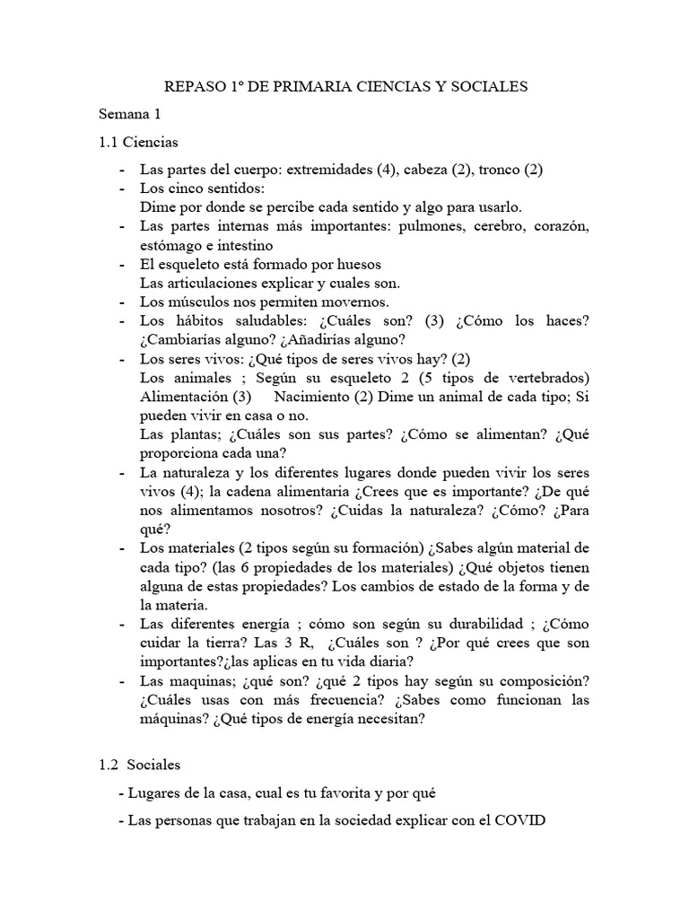 Repaso 1º de Primaria Ciencias y Sociales | Descargar gratis PDF ...