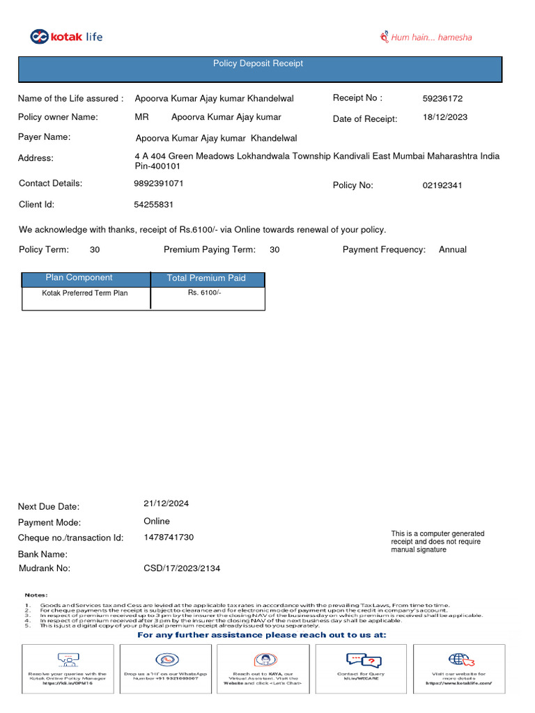 Policy Deposit Receipt: Kotak Preferred Term Plan Rs. 6100 | PDF