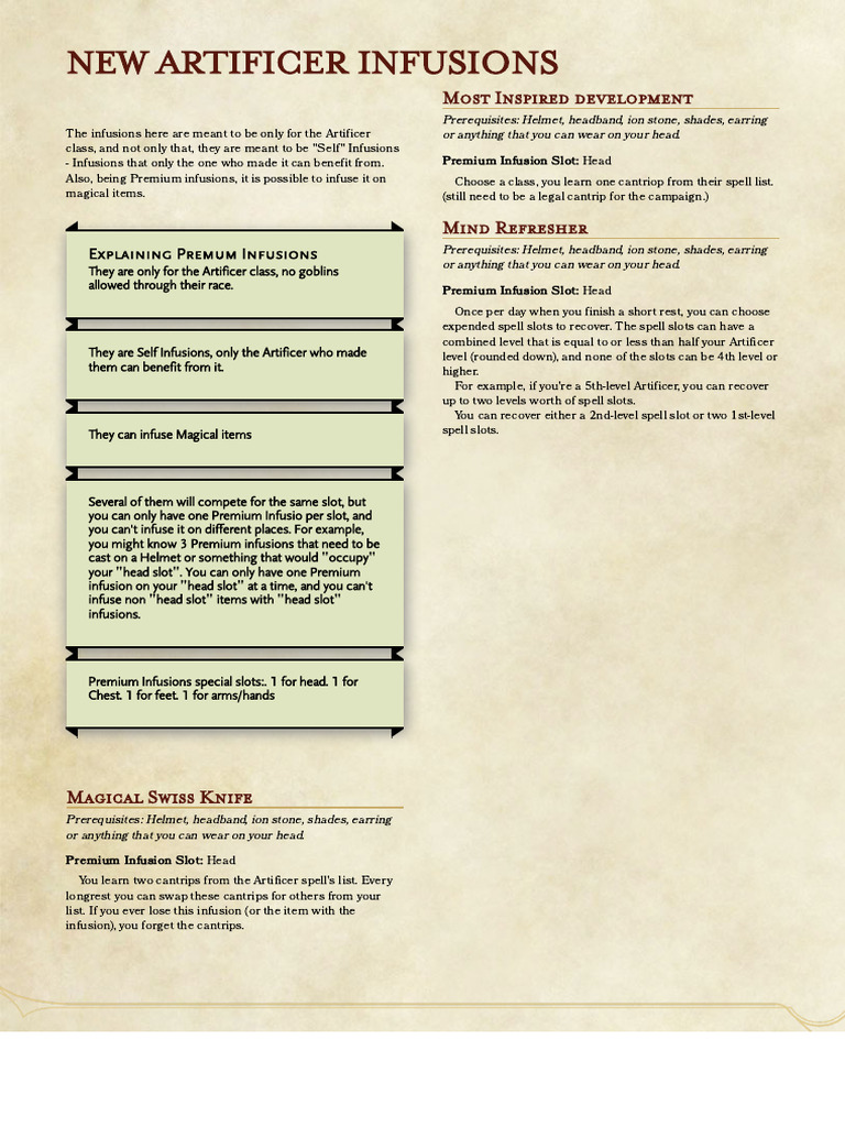 Premium Infusions for Artificers | PDF | Dungeons & Dragons | D20 System