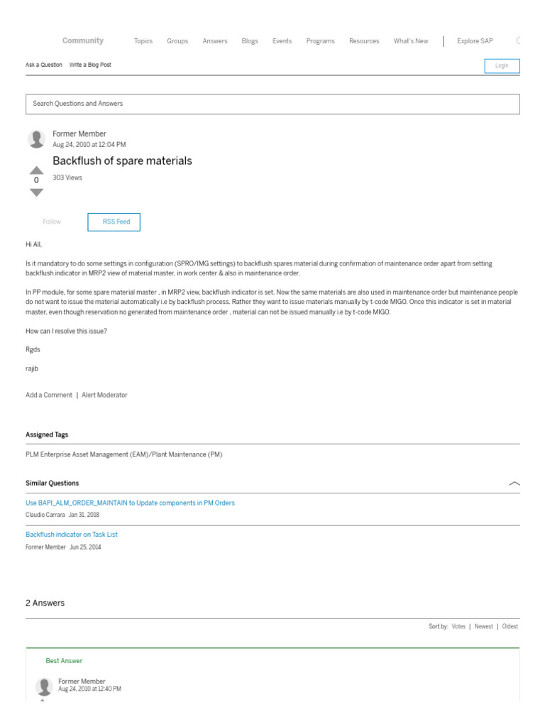 Backflush of Spare Materials - SAP Community | PDF