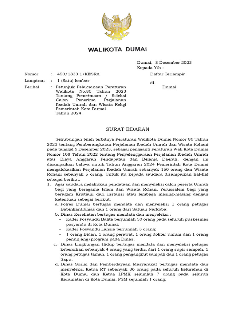 Surat Edaran Umrah Dan Wisata Religi 2024 (Jumlah 155 Orang) | PDF