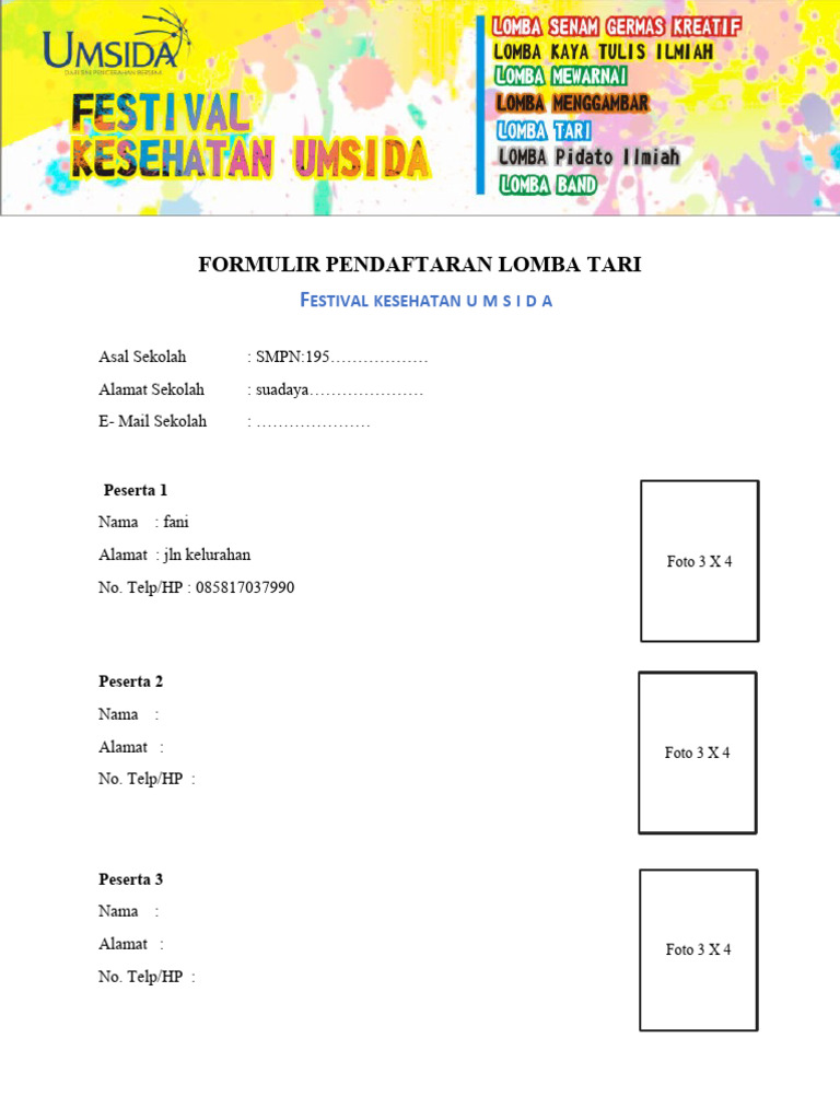 Formulir Pendaftaran Lomba Tari | PDF