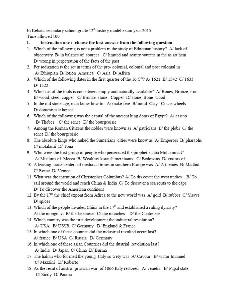 Grade 12 History Model Exam 2015 | PDF | Travel
