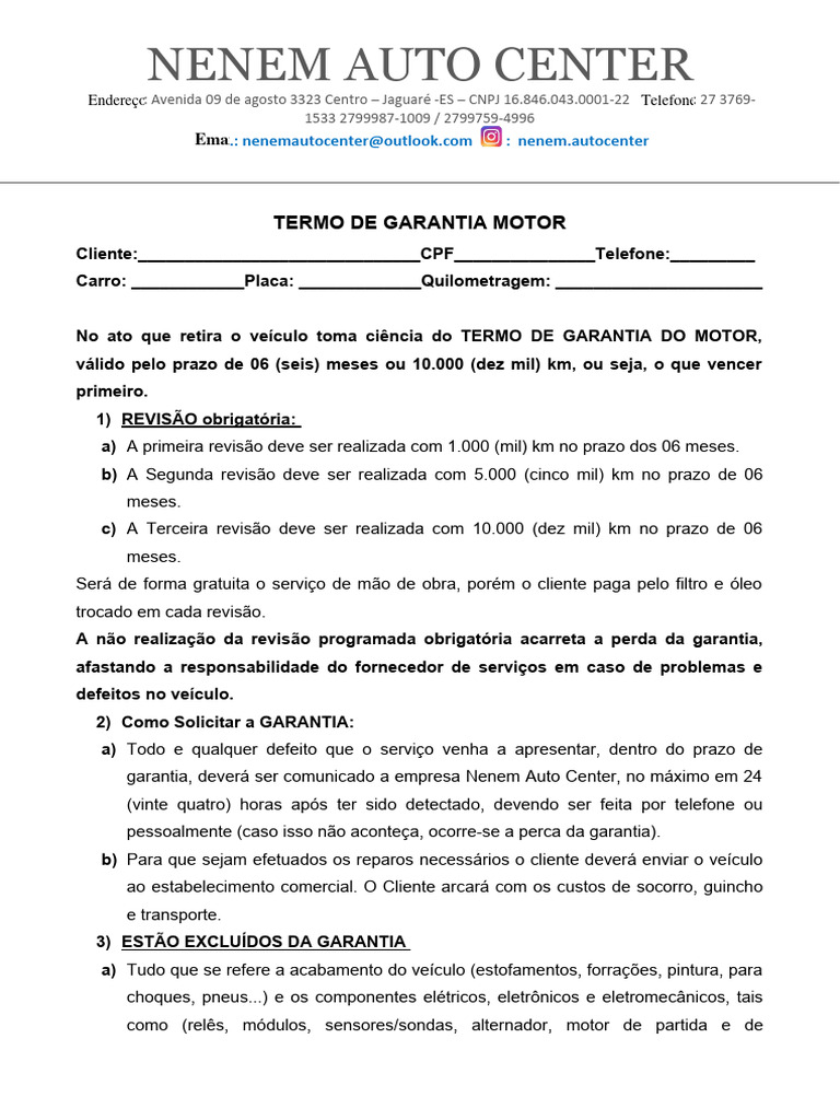 Termo de Garantia Motor | PDF